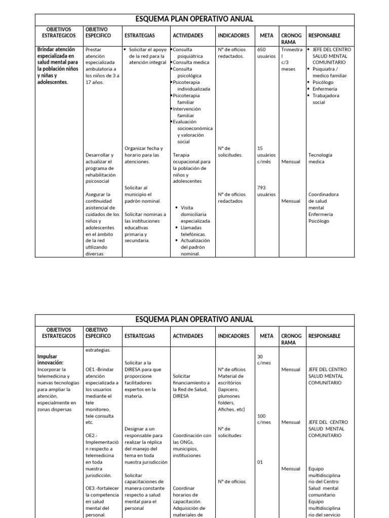 Plan Operativo Anual en Salud Mental | PDF | Salud mental | Psiquiatría