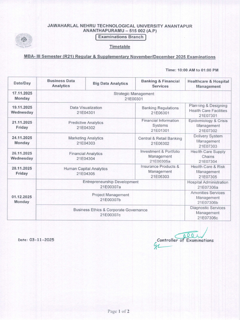 Timetable For MBA III Sem R21 Reg Supple Nov Dec 2025 Exams | PDF ...