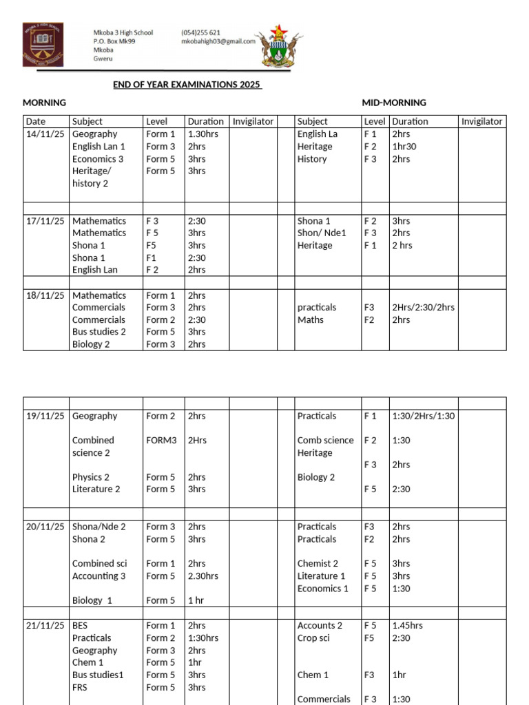 2025 End of Year Timetable-1 | PDF | Physical Sciences | Liberal Arts ...