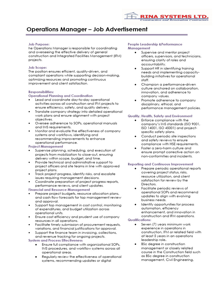 Operations Manager Job Opening | PDF | Regulatory Compliance | Project ...