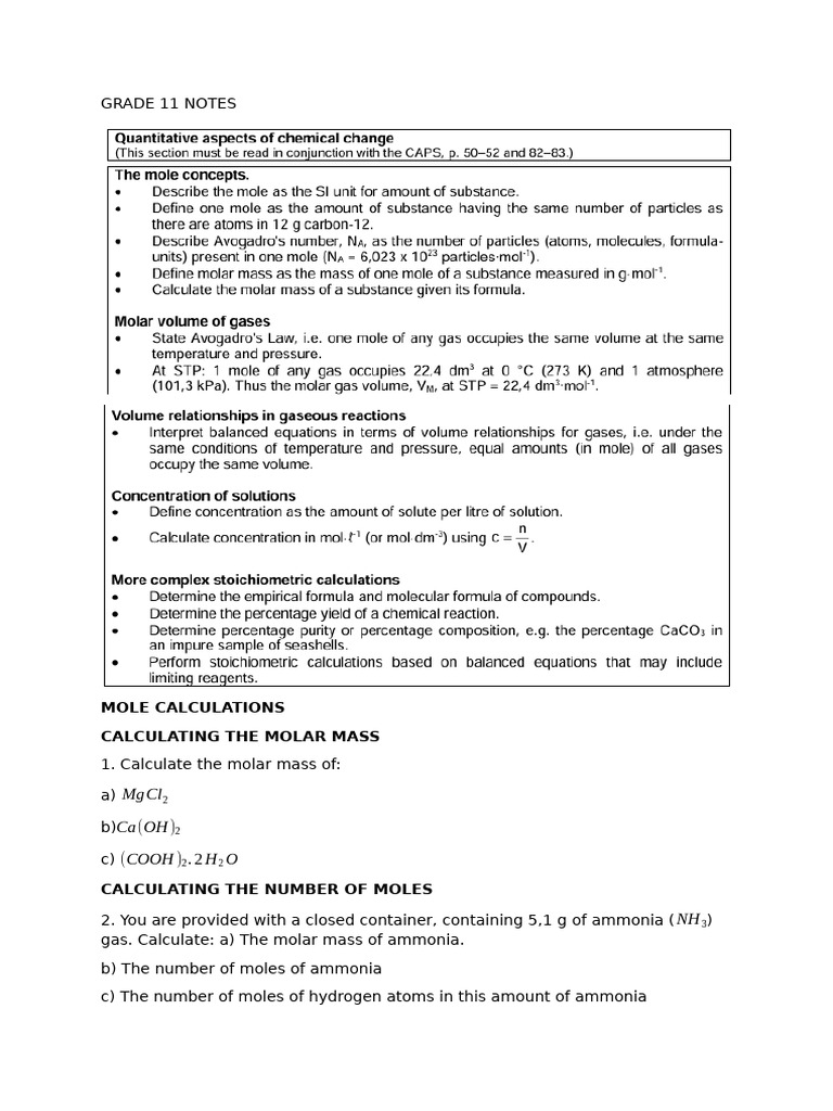 Grade 11 Mole Calculations Guide | PDF