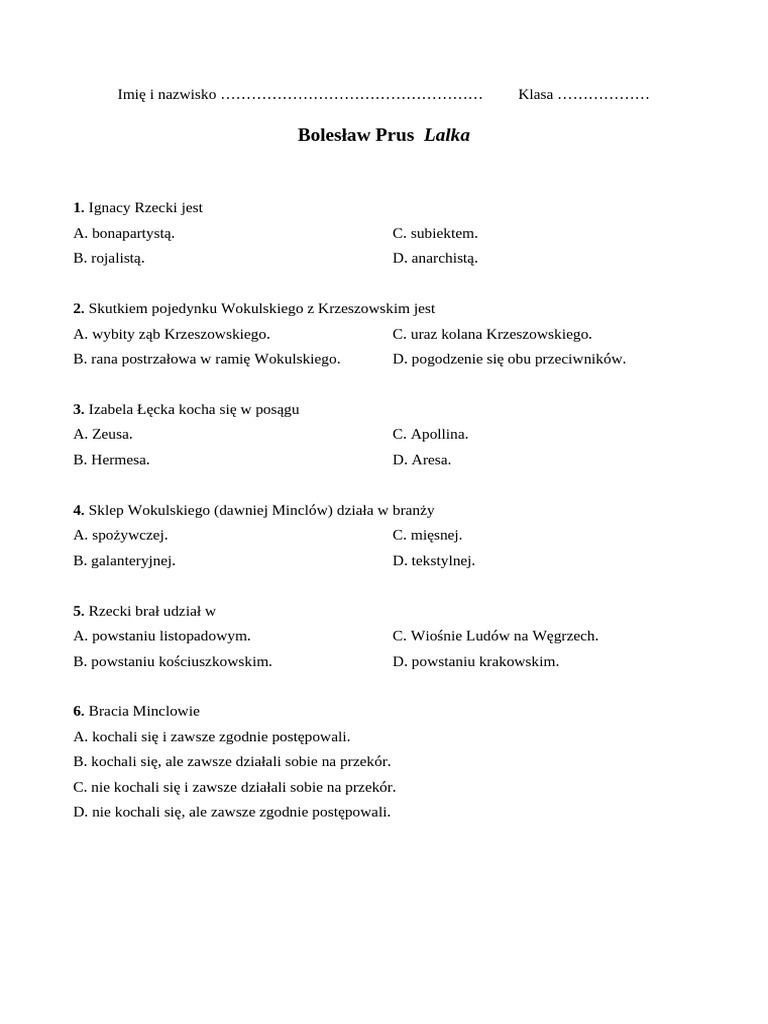 Lalka Sprawdzian Abcd | PDF