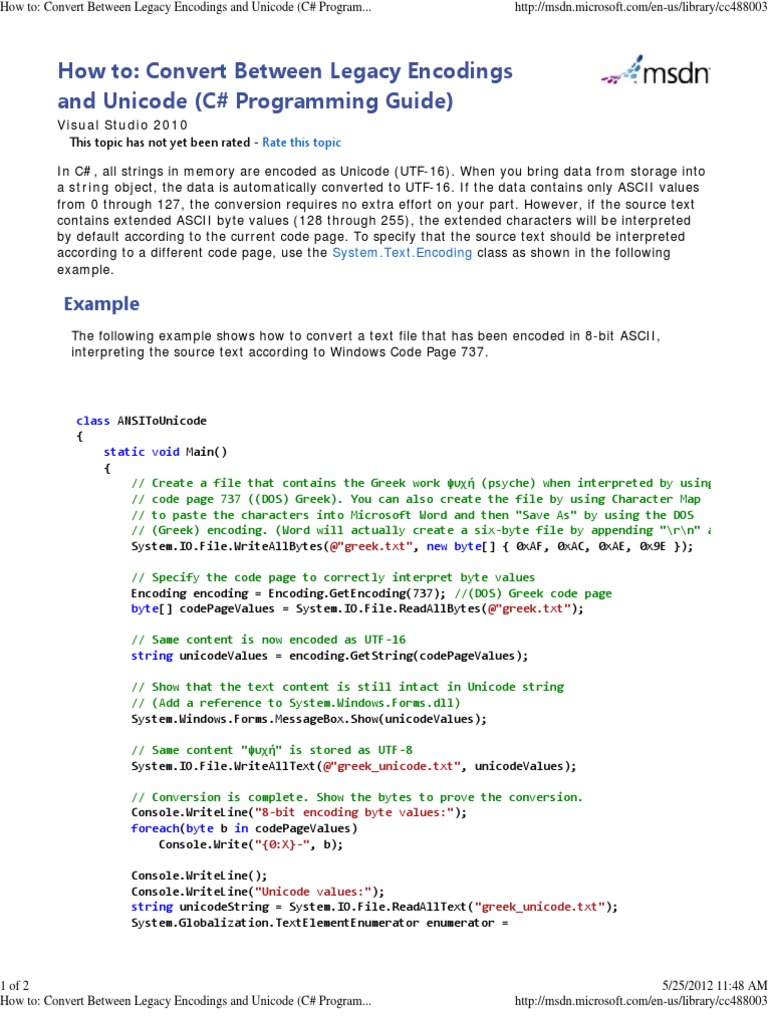 Convert Between Legacy Encodings and Unicode (C# Programming Guide ...