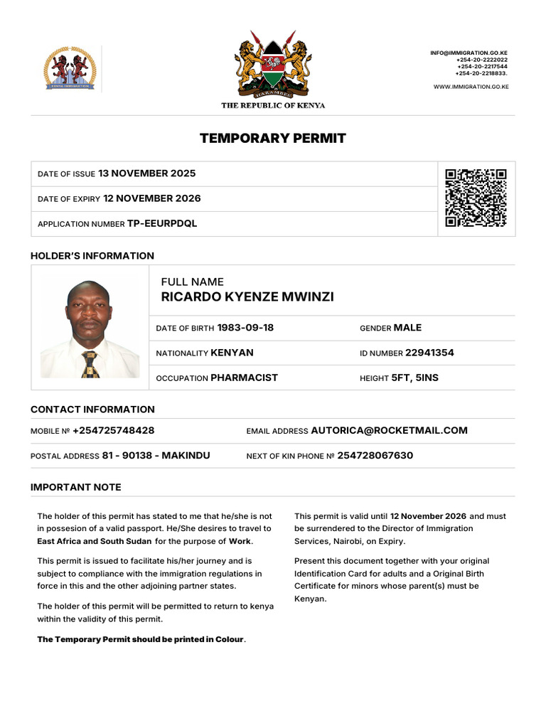 Kenyan Temporary Permit Details | PDF | Identity Document | Government ...