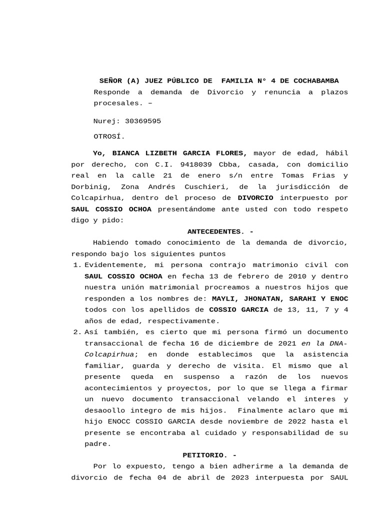 Bianca Responde a Divorcio | PDF | Divorcio | Demanda judicial