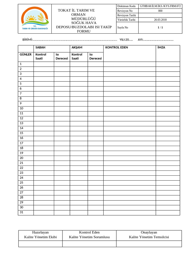 Form-072 Soğuk Hava Deposu Isi Taki̇p Formu | PDF