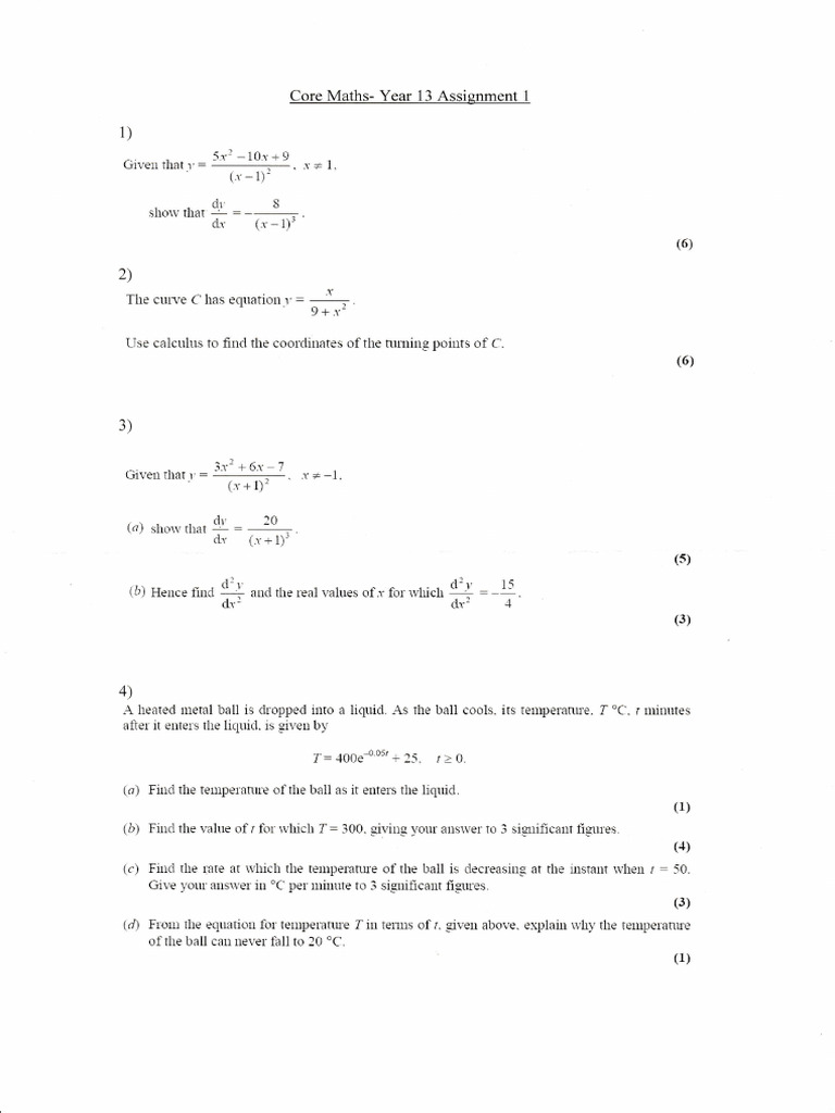 Core Maths - Year 13 Assignment 1 - Questions and Answers | PDF