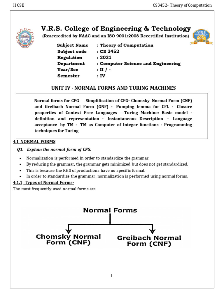 V.R.S. College of Engineering & Technology: Unit Iv - Normal Forms and Turing Machines | PDF ...