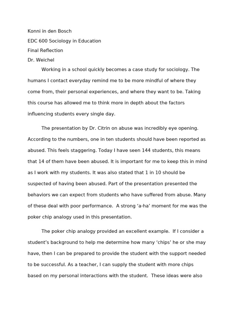 EDUC 600 Final Reflection | PDF | Psychology | Behavioural Sciences