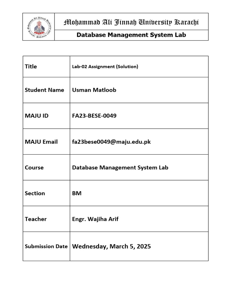 Usman DBMS Lab-02 Solution | PDF