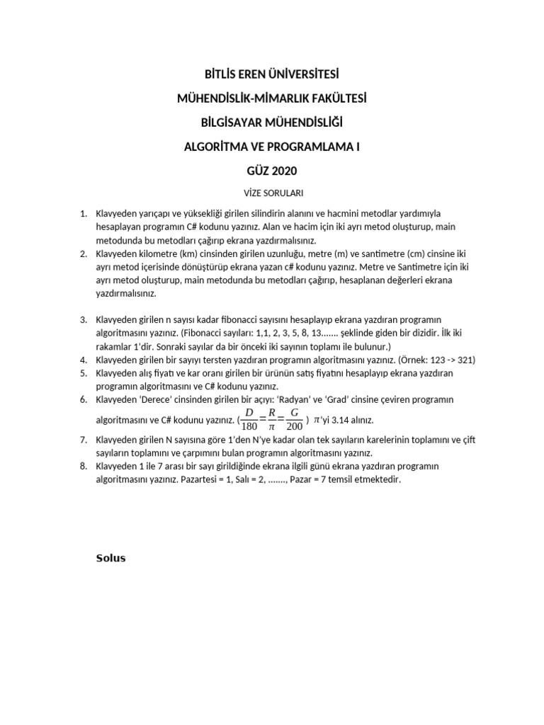 Algoritma Vize | PDF