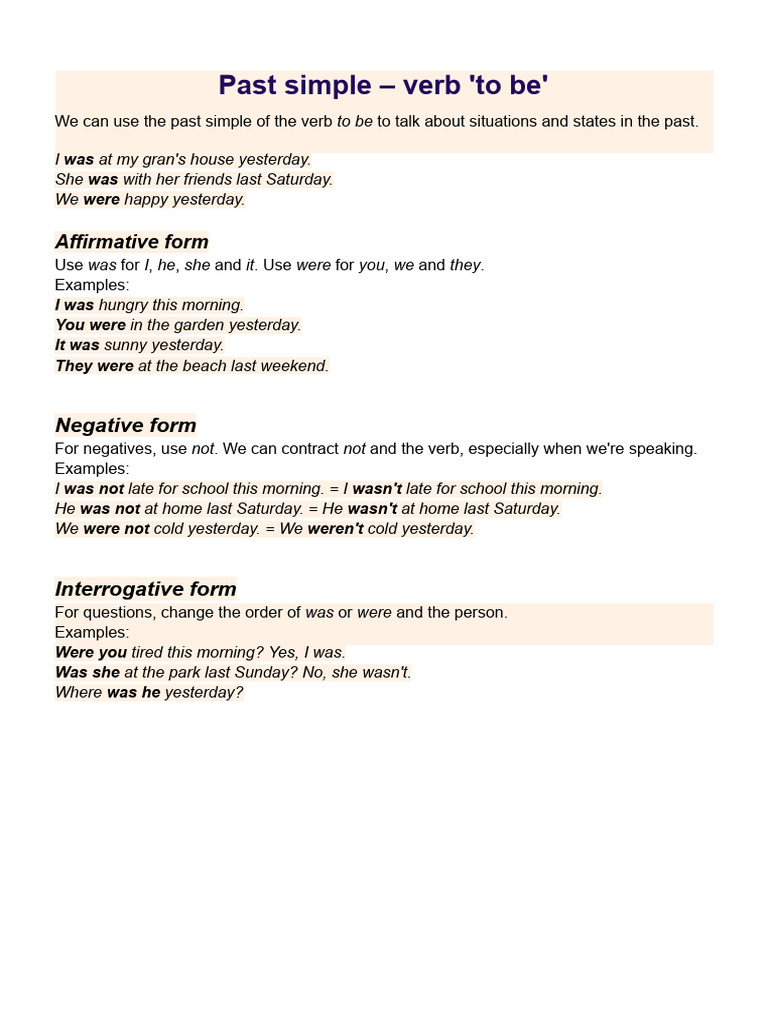 Past Simple - Verb 'To Be' | PDF