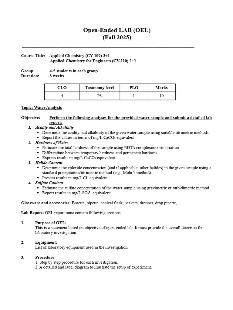 Open Ended Lab Applied Chemistry (CY-109 and 110) (Fall 2025) | PDF ...