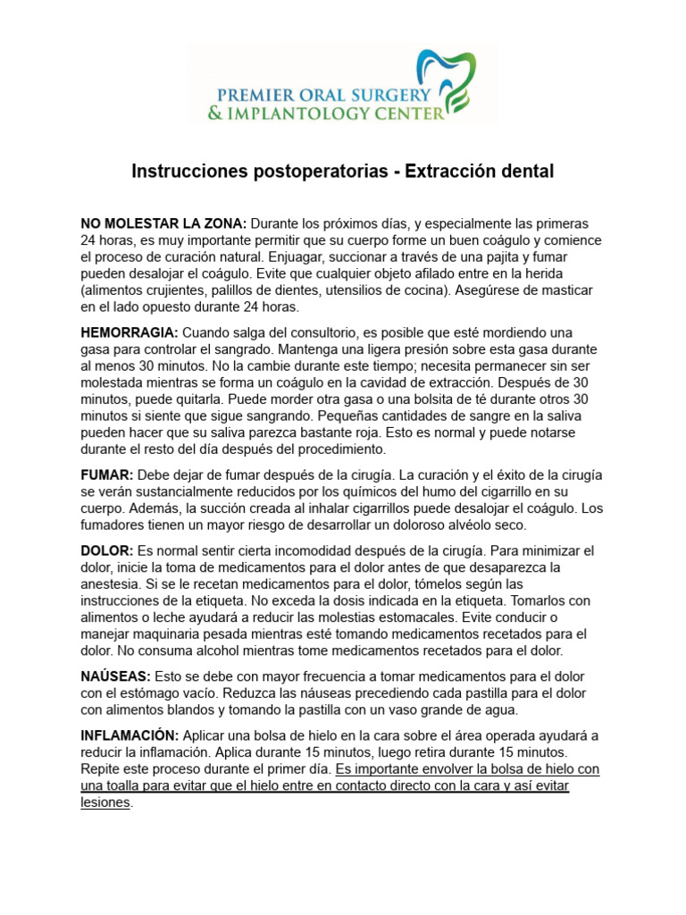 Post Op Tooth Extraction Spanish 2405 | PDF | Control de la natalidad ...