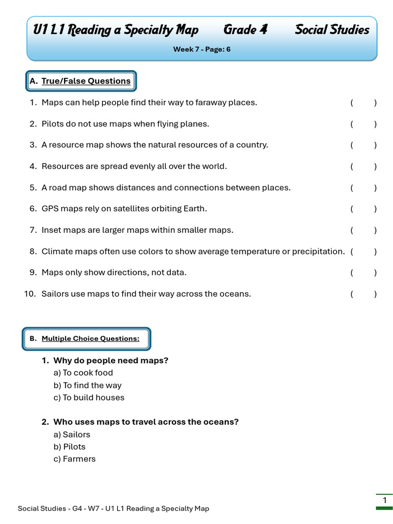 G4 - W7 - U1 L1 Reading A Specialty Map Worksheet | PDF | Map | Global ...