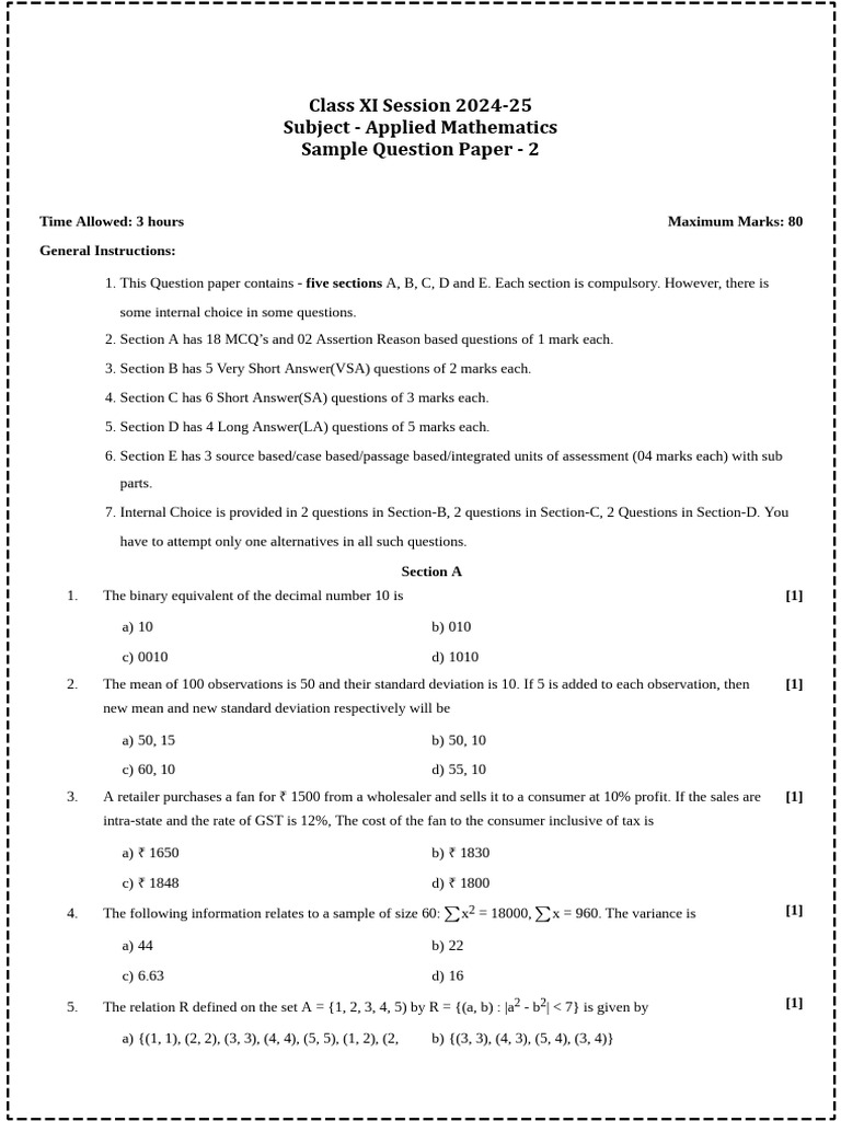 Applied Maths Sample Paper 2 Class XI 2024-25 | PDF | Circle | Equations