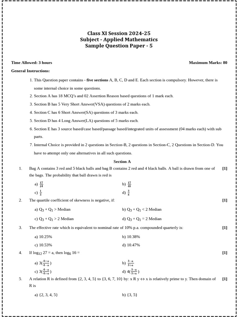 Applied Maths Sample Paper 5 Class XI 2024-25 | PDF | Mathematics ...