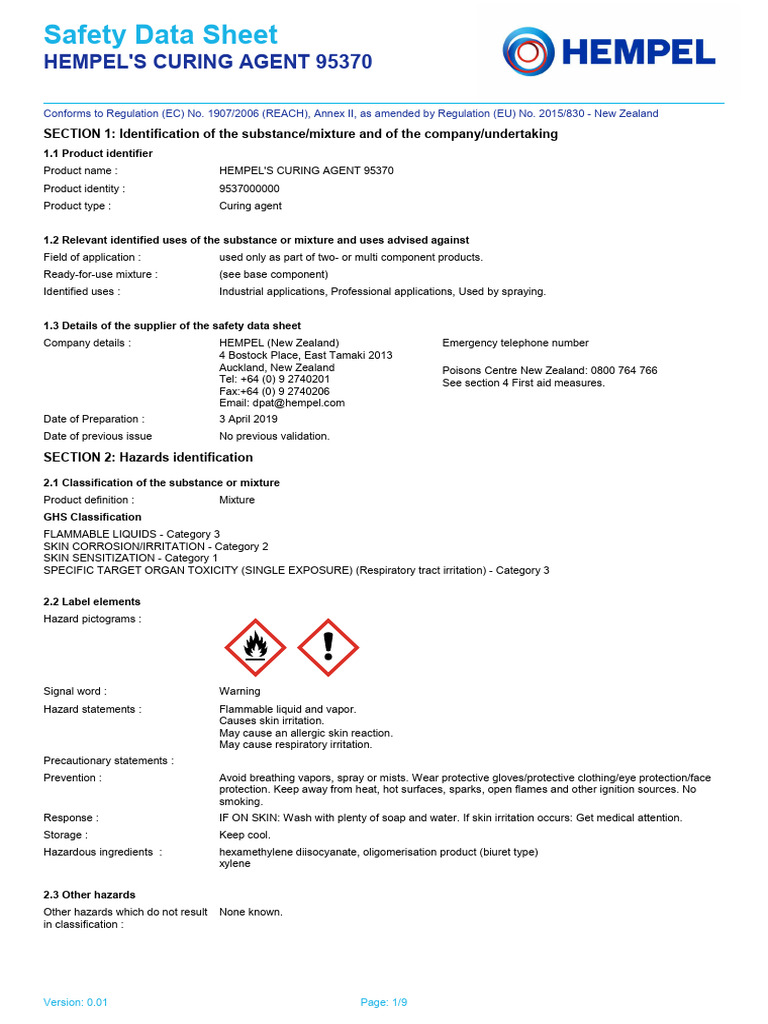E LUPS Hempel SDS SDS#9537000000v0.01 - Hempels Curing Agent 95370.PDF ...