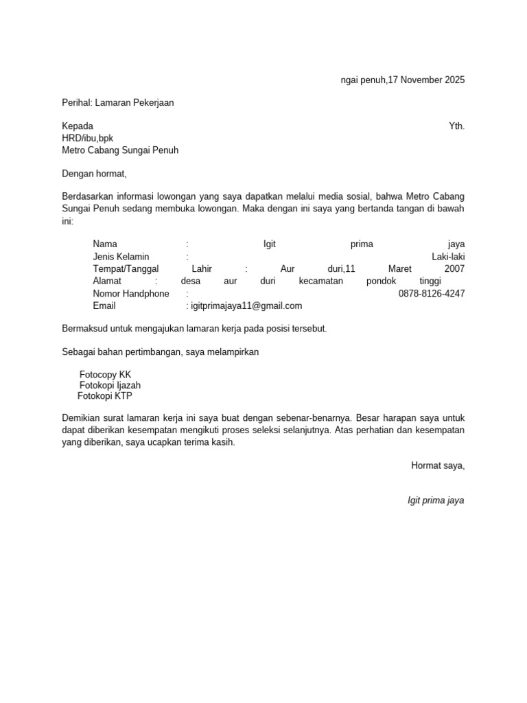 Contoh Surat Lamaran Kerja Word PT | PDF