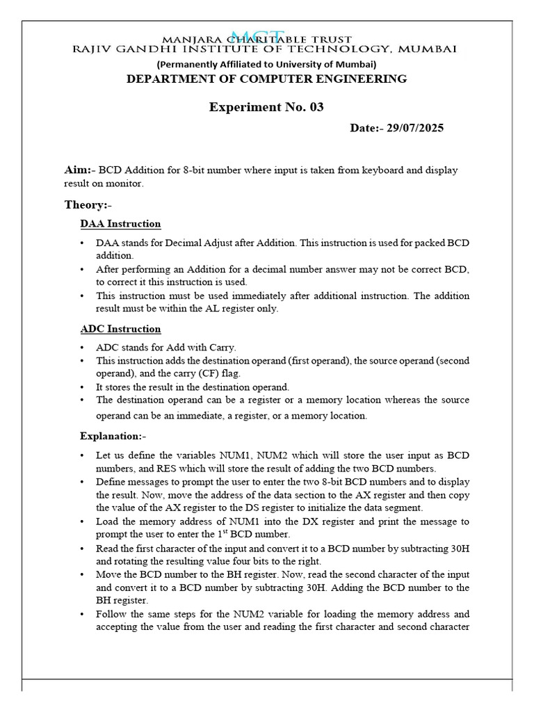 Exp 3 COA final | PDF | Binary Coded Decimal | Computer Science