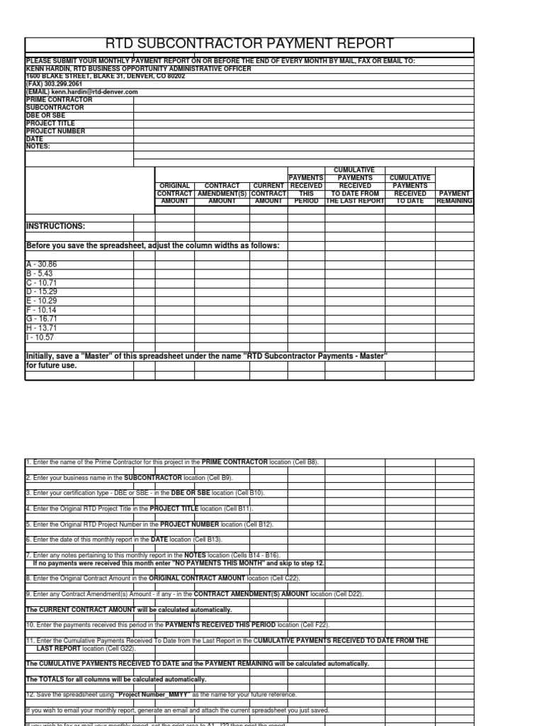 RTD Subcontractor Payment Report Master | Spreadsheet | Payments