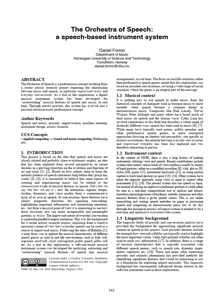 The Orchestra of Speech A Speech Based Instrument System | PDF | Speech ...