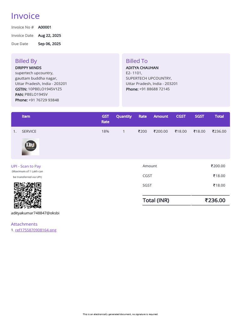 Invoice A00001 Drippy Minds Aditya Chauhan | PDF