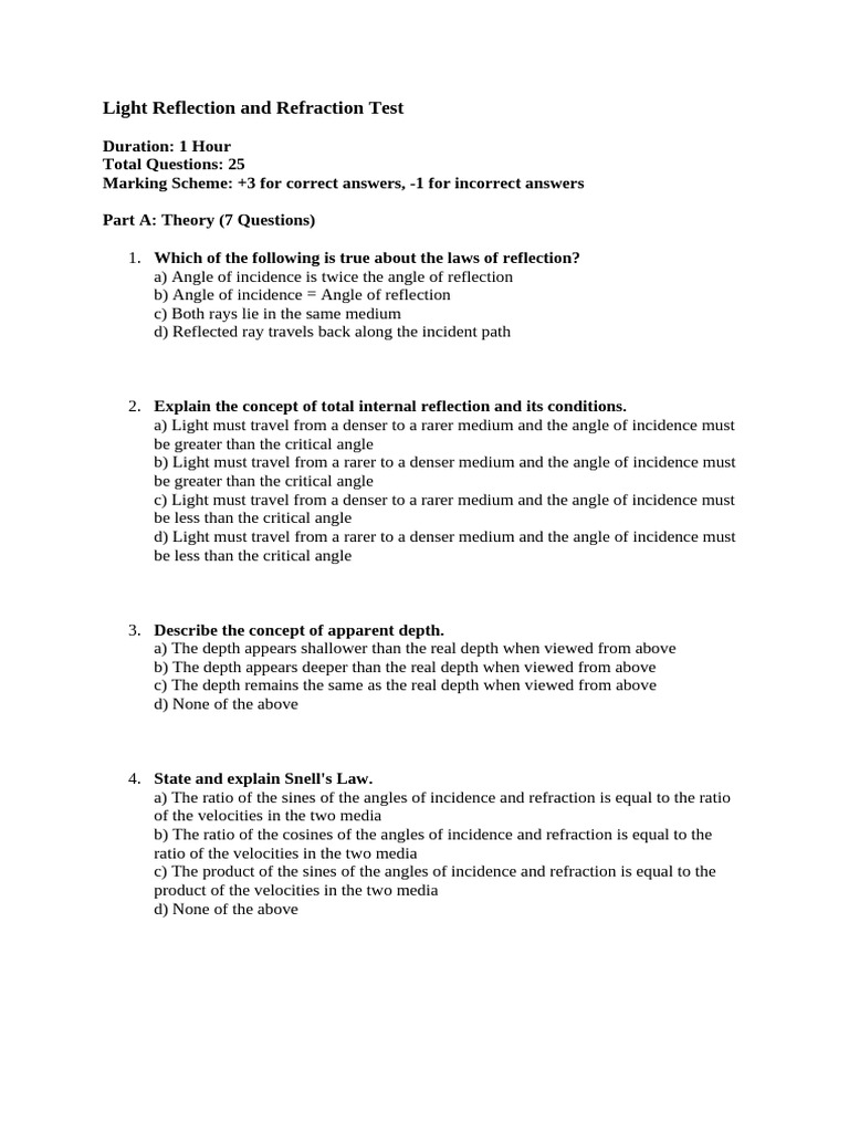 Light Reflection and Refraction Test | PDF | Refraction | Glass ...