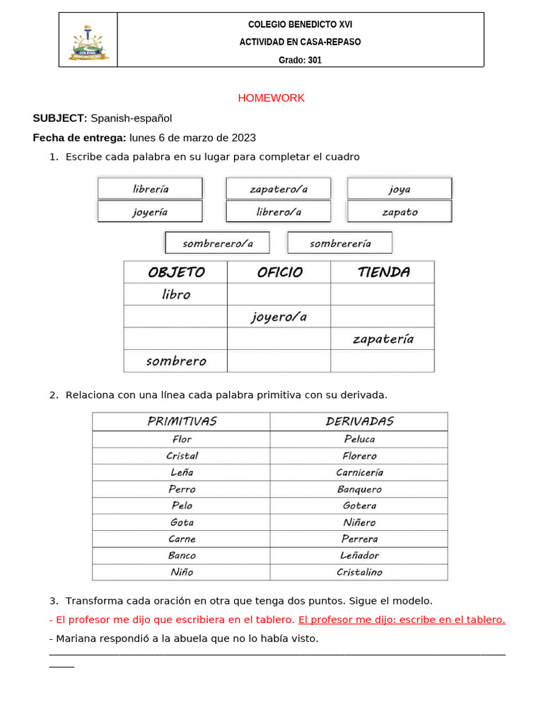 Actividad de Repaso de Español 301 | PDF