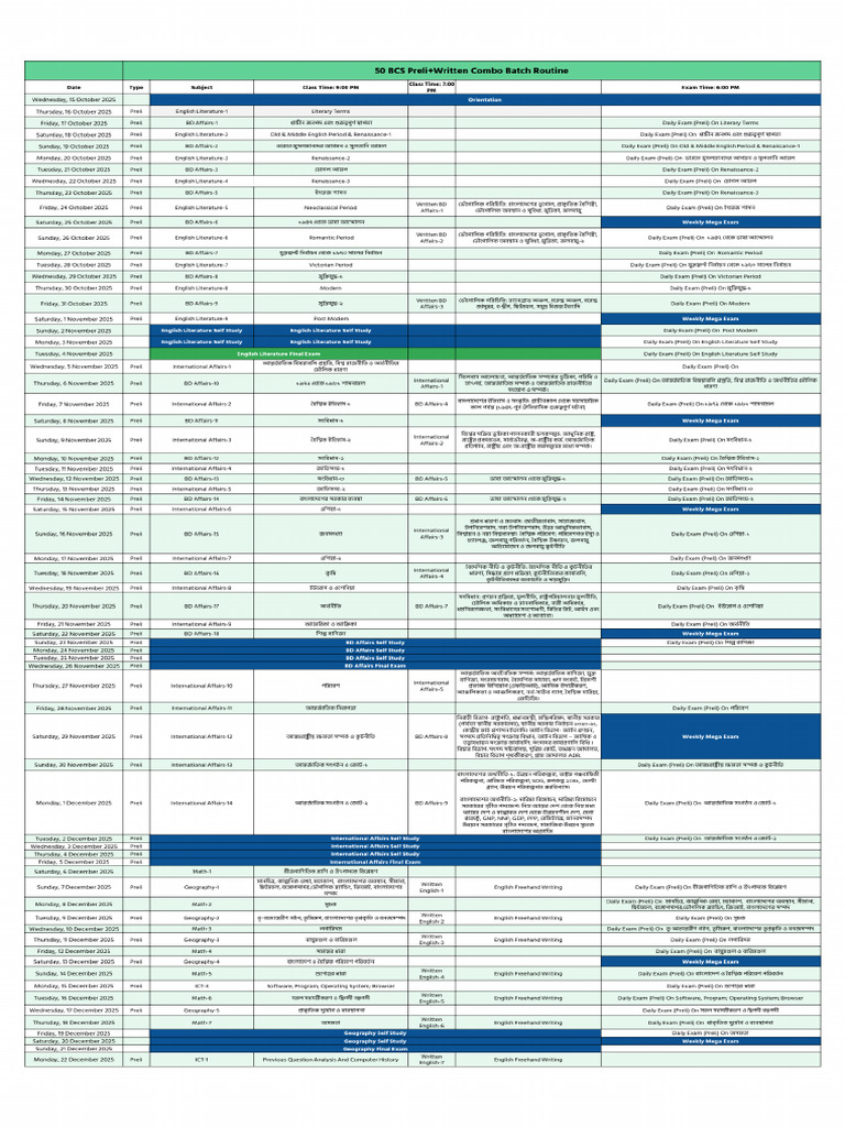 50 BCS Preli+Written Combo Batch Routine | PDF