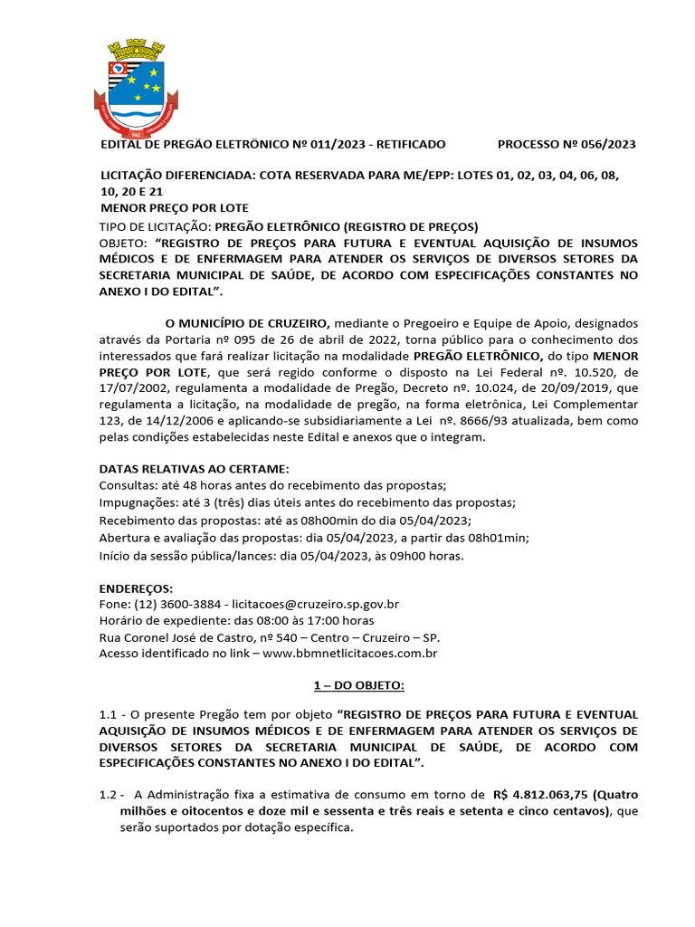PREGAO ELETRONICO No 011 2023 Material de Enfermagem Retificado CRUZEIRO | PDF