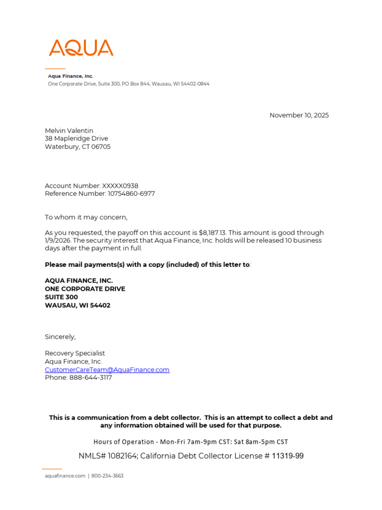 Aqua Finance Debt Collection Notice | PDF