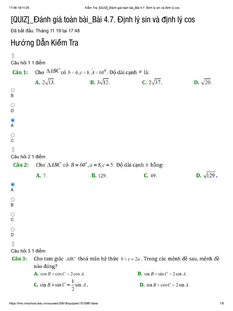 Kiểm Tra_ [QUIZ]_Đánh Giá Toàn Bài_Bài 4.7. Định Lý Sin Và Định Lý Cos | PDF