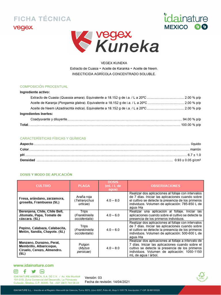 Ficha Tecnica Vegex Kuneka NV | PDF | Frutas comestibles | Fruta