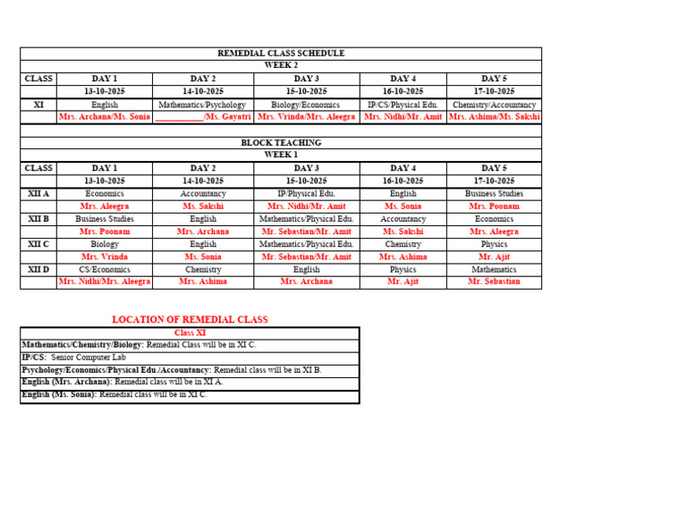 Remedial Class and Block Teaching Schedule | PDF