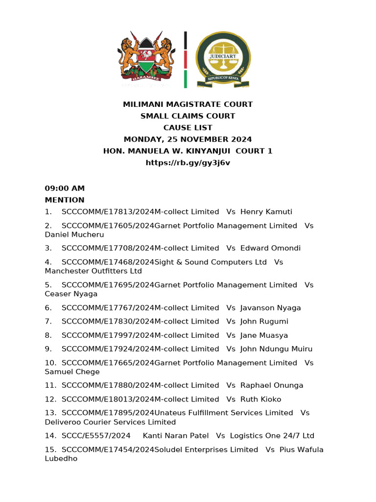 Milimani Small Claims Court List - Nov 25, 2024 | PDF