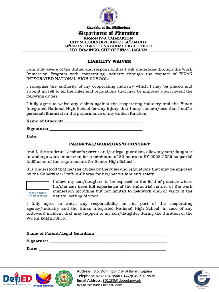 Work Immersion Liability Waiver Form | PDF
