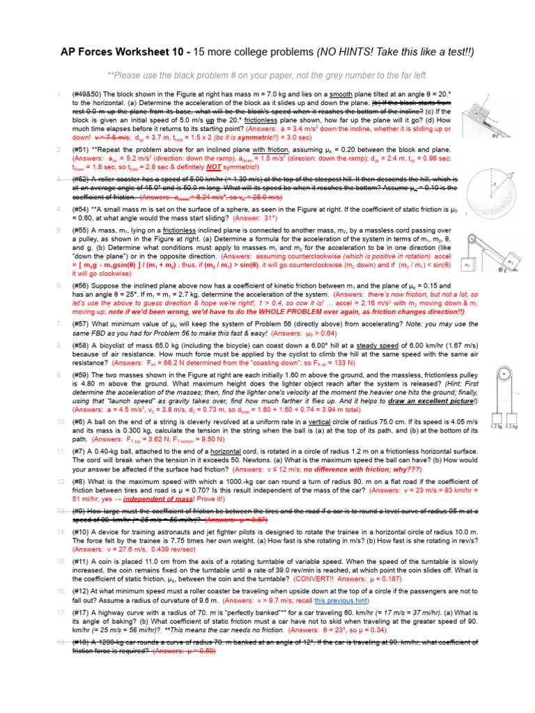AP Forces Worksheet 10 - More College Problems | PDF | Friction | Mass