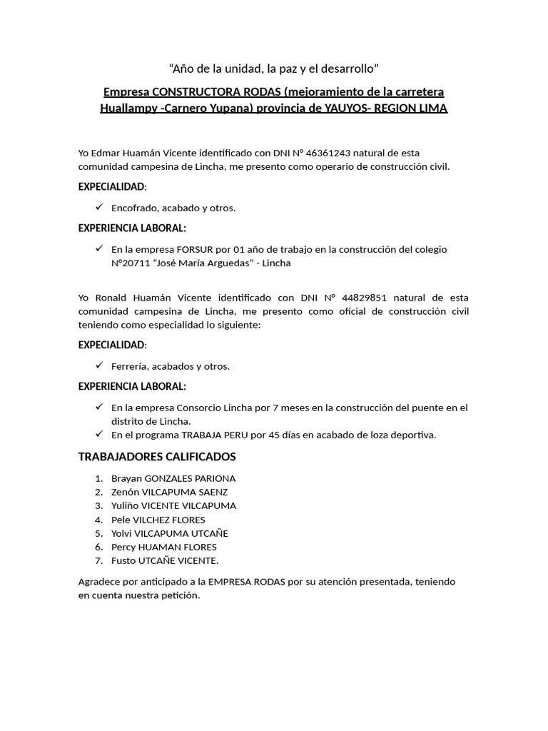 Constacia de Trabajo Lincha | PDF
