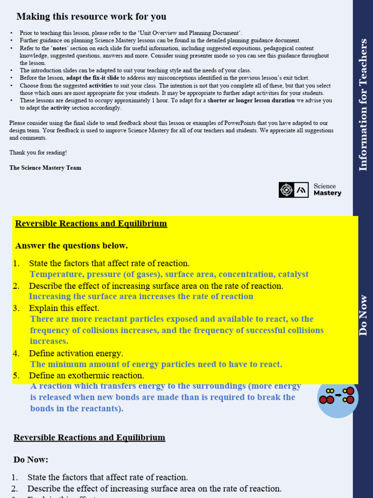 Teacher Guide: Reversible Reactions Lesson | PDF | Chemical Reactions ...