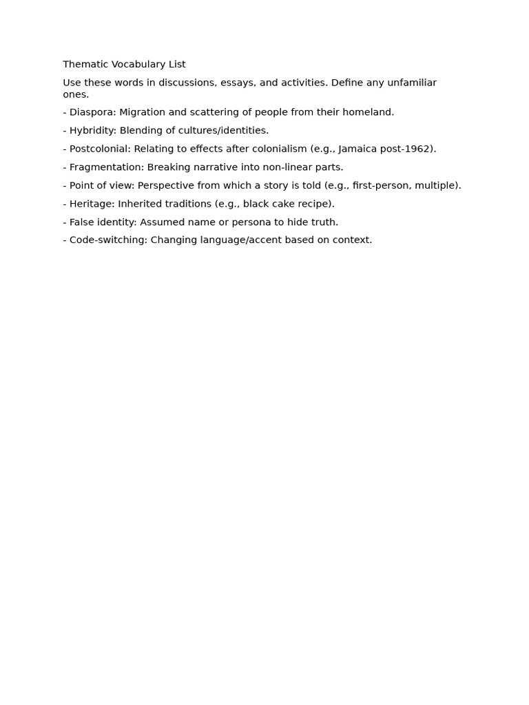 Thematic Vocabulary for Discussions | PDF