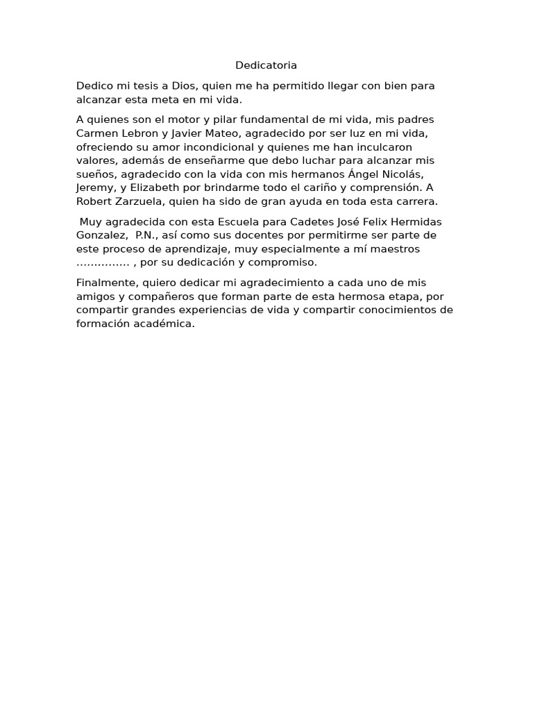 Dedicatoria de Tesis: Agradecimientos y Valoraciones | PDF