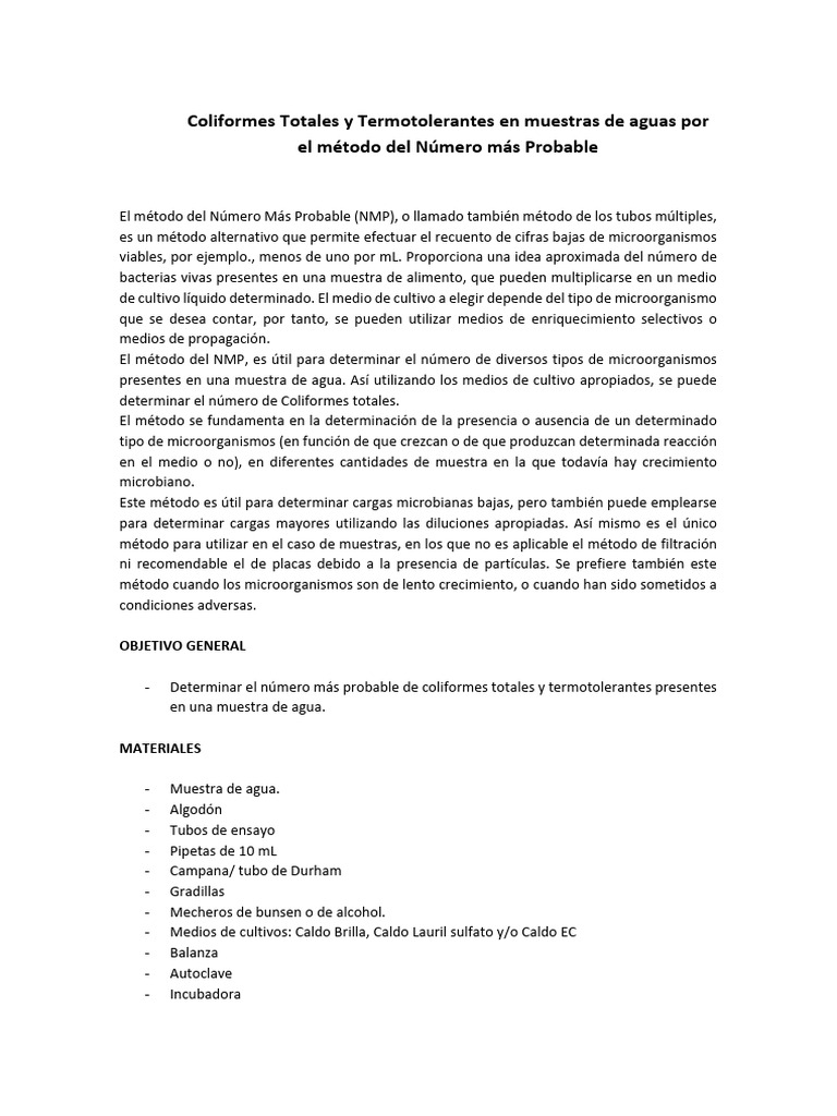 Práctica Coliformes Totales y Termotolerantes en Muestras de Aguas Por ...