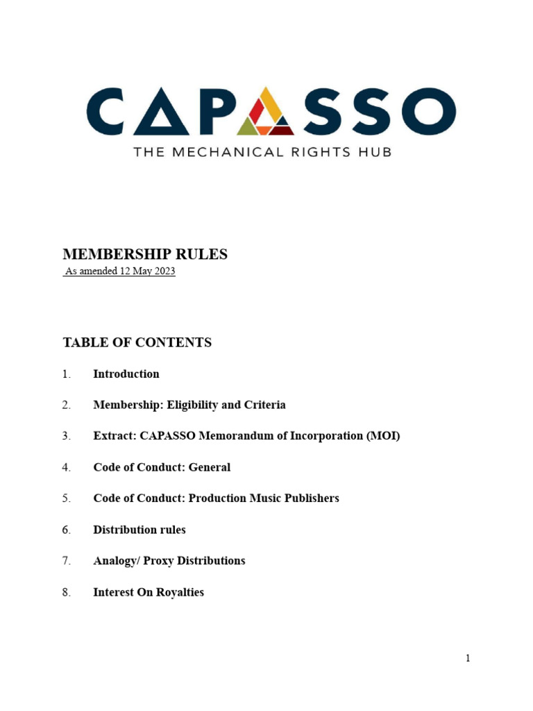 CAPASSO Membership Rules Overview | PDF | Royalty Payment | Copyright
