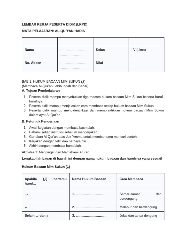 LKPD Al-Qur_an Hadis MI Kls 5 Bab 3 | PDF