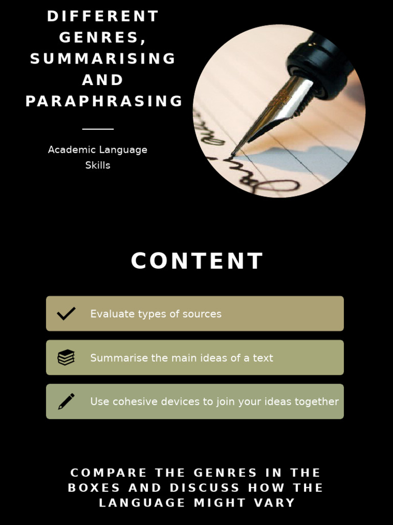 EL (Week 2 Class 1) Different Genres, Summarising and Paraphrasing | PDF | Learning | Human ...