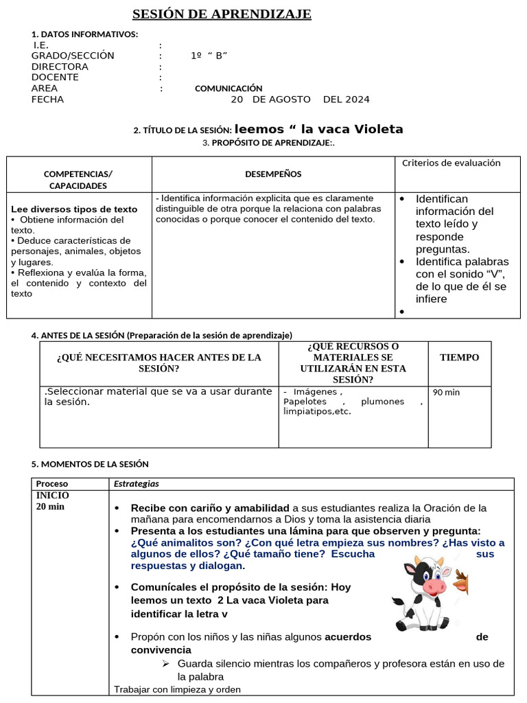 Sesion Com 21-08 La Vaca Violeta | PDF | Aprendizaje