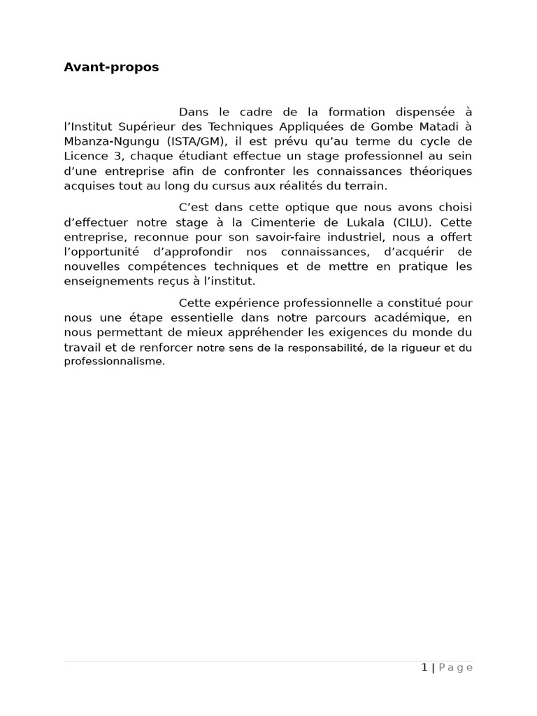 Rapport de stage à la Cimenterie de Lukala | PDF | Ciment | Fibre optique