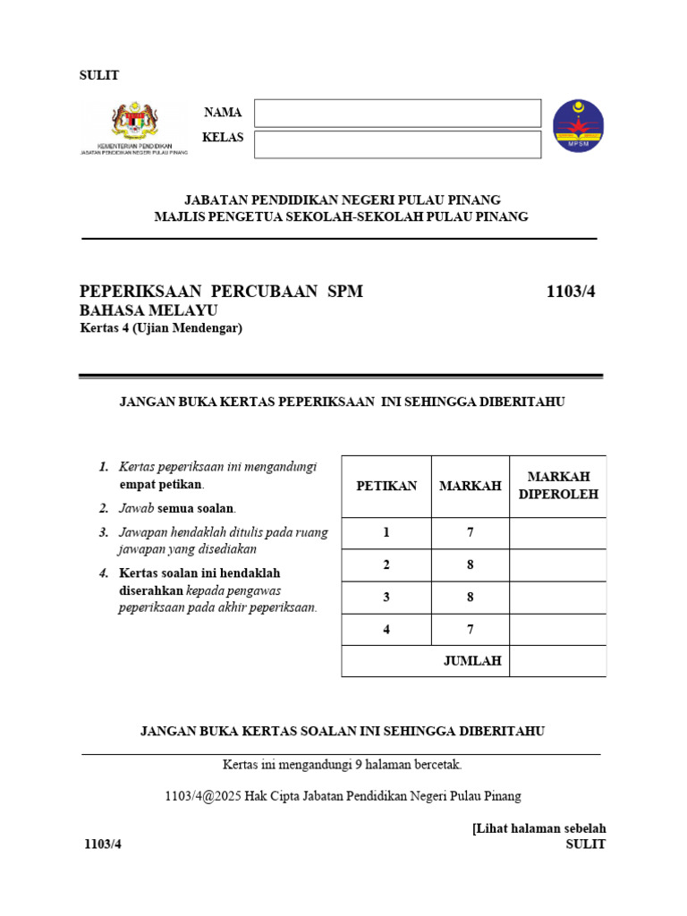 Pulau Pinang Spmc Bm4 Soalan 2025 | PDF