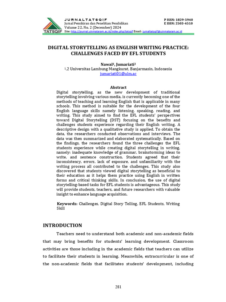 Digital Storytelling Challenges for EFL Writing | PDF | Storytelling ...
